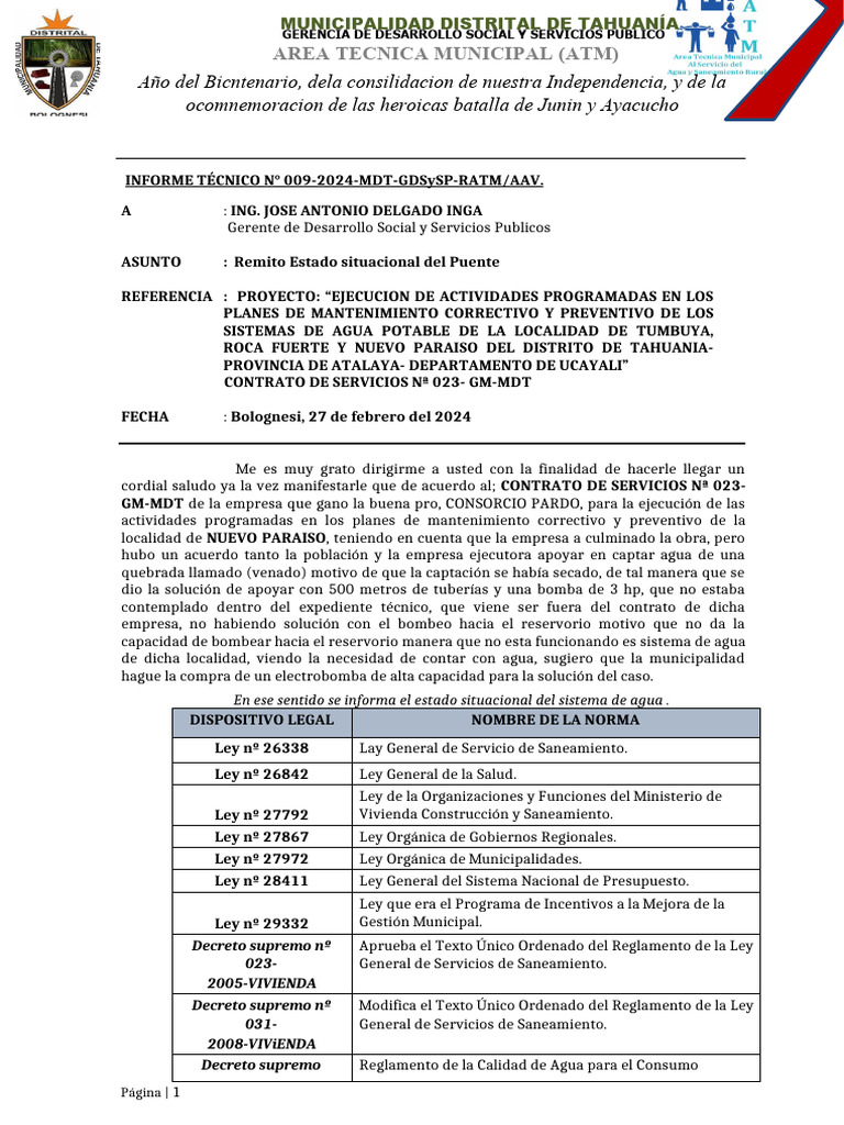 INFORME TÉCNICO N 009-SISTEMA DE AGUA NVO PARAISO2024 (Recuperado automáticamente) | PDF ...