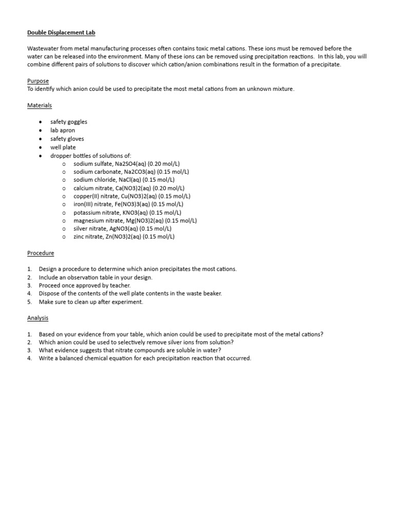 Double Displacement Precipitation Lab | PDF