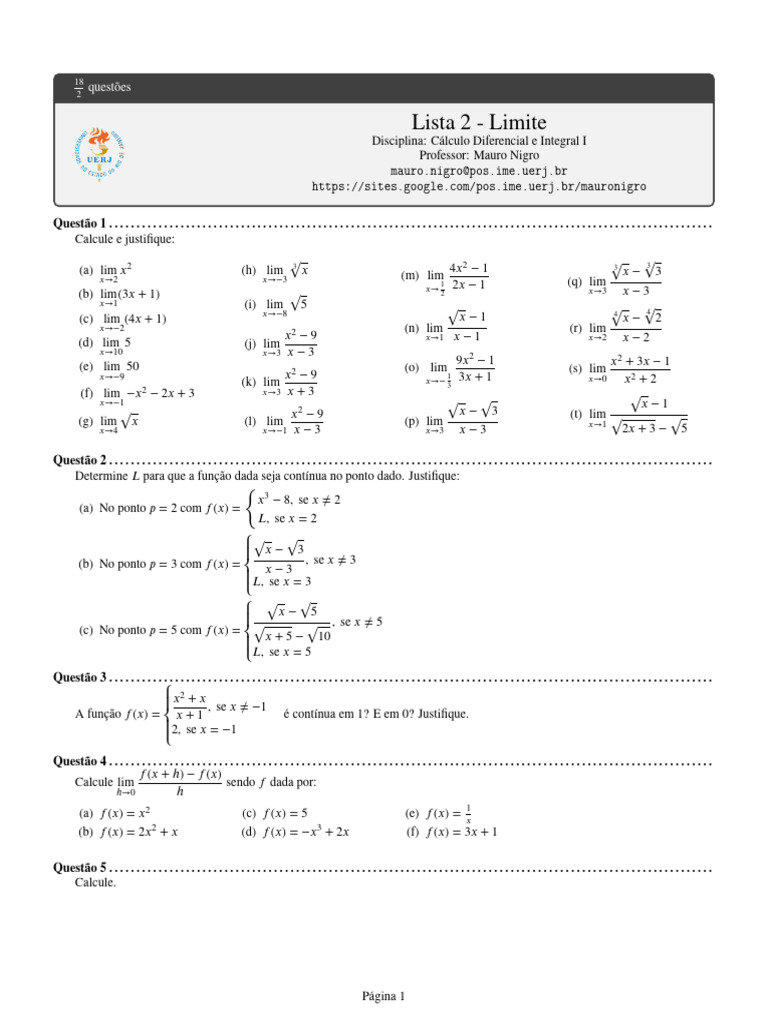 Calculo1 Lista2 | PDF