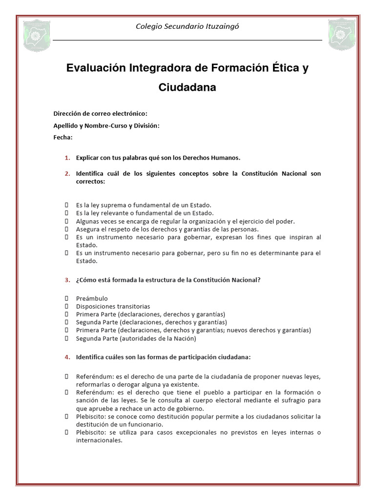 Evaluación Integradora de Formación Ética y Ciudadana | PDF | Constitución | Estado (política)