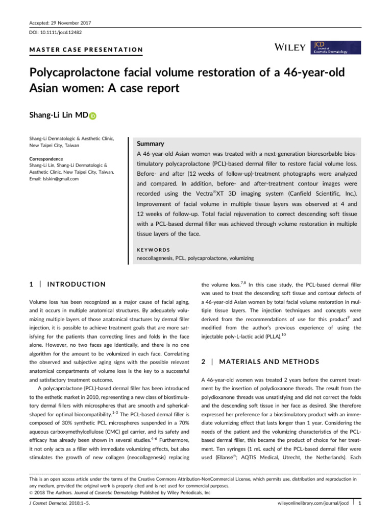 Elalnse Polycaprolactone PUB 2017 Lin SL J Cosmet Dermatol PCL Ellanse PCL A Case Ocd12482 | PDF ...