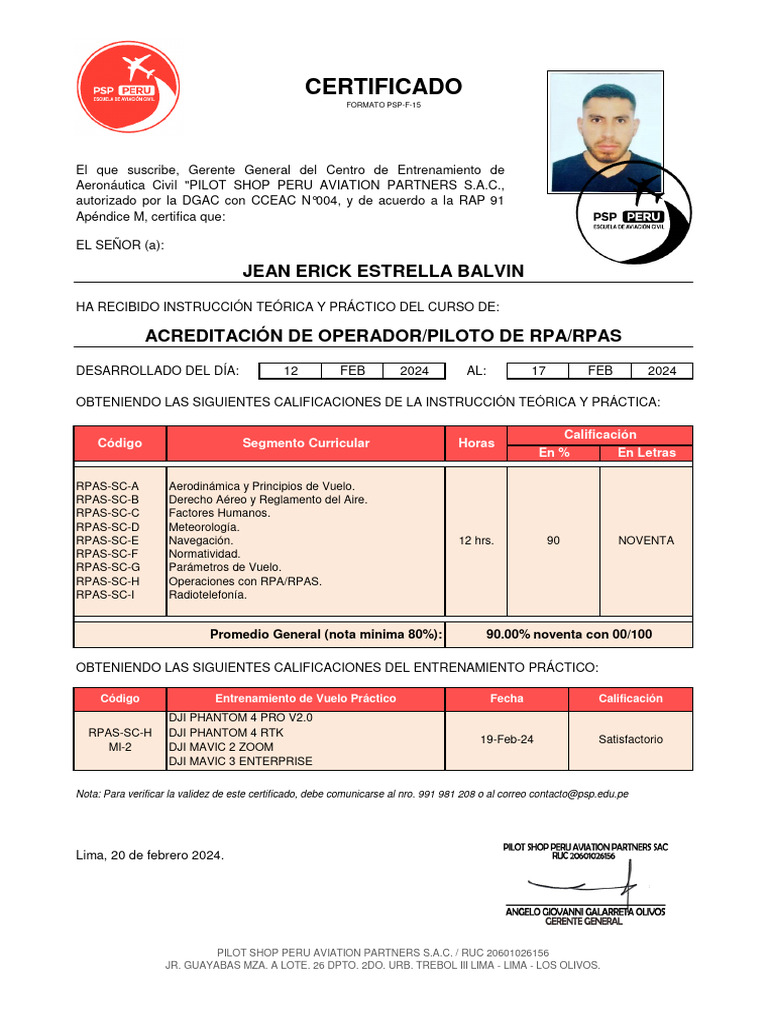 Certificado de Estudios JEAN ERICK ESTRELLA BALVIN | PDF | Aeronave ...