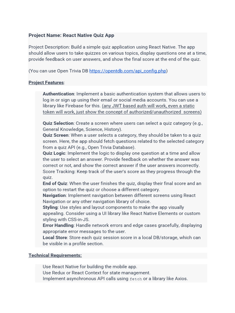 React Native Quiz App | Download Free PDF | Mobile App | Ios