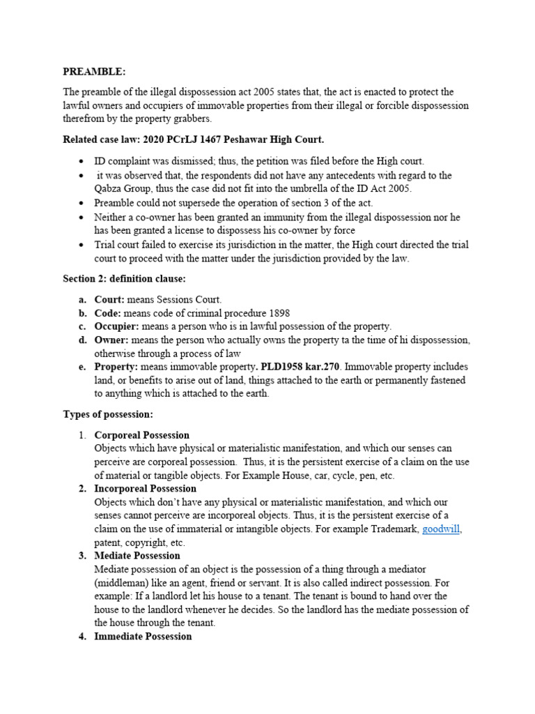 Illegal Dispossession Act 2005 Notes | PDF