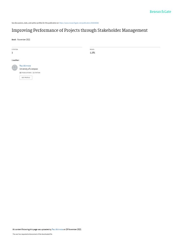 Improving Performanceof Projectsthrough Stakeholder Management | PDF | Investment Management | Risk
