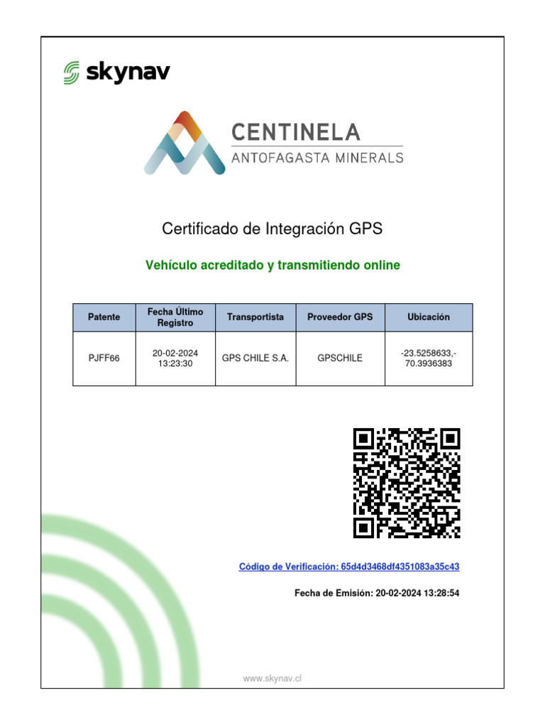 Certificado de Integración GPS, PJFF-66 | PDF