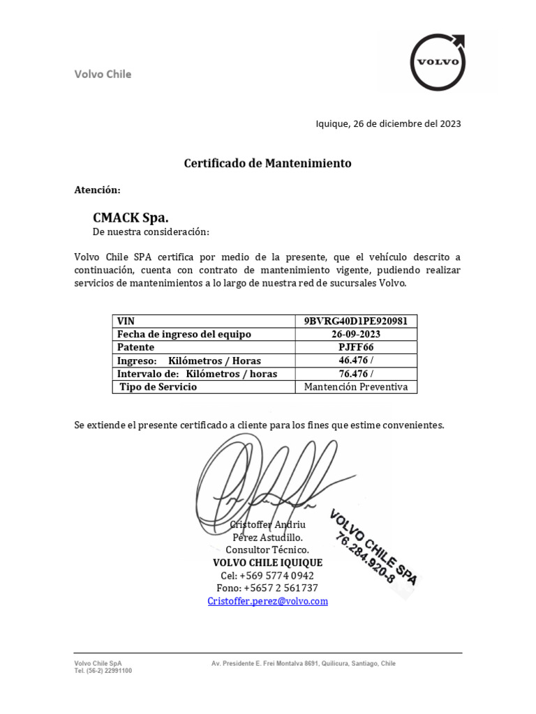 Certificado Mantencion Volvo PJFF-66 | PDF