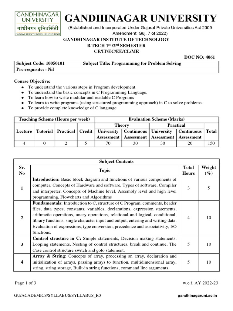 10050101 Programming for Problem Solving - Syllabus | PDF