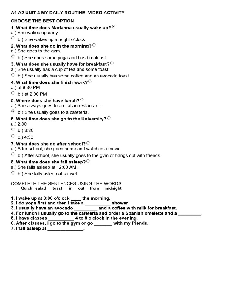 A1 A2 Unit 4 My Daily Routine Video Activity | PDF