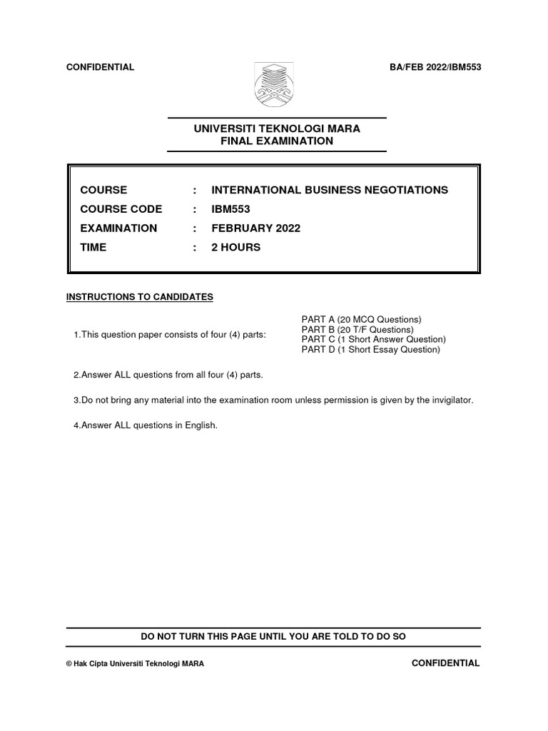 UiTM Int'l Business Exam | PDF | Negotiation | Psychological Concepts