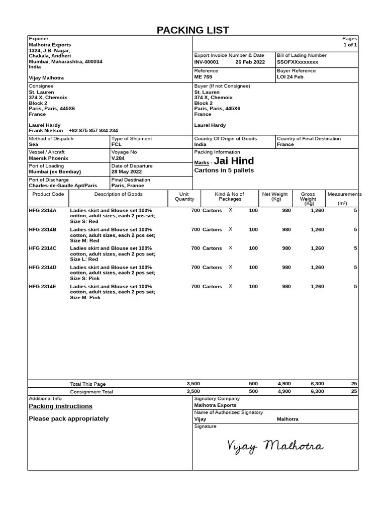 Export Packing List for France | PDF