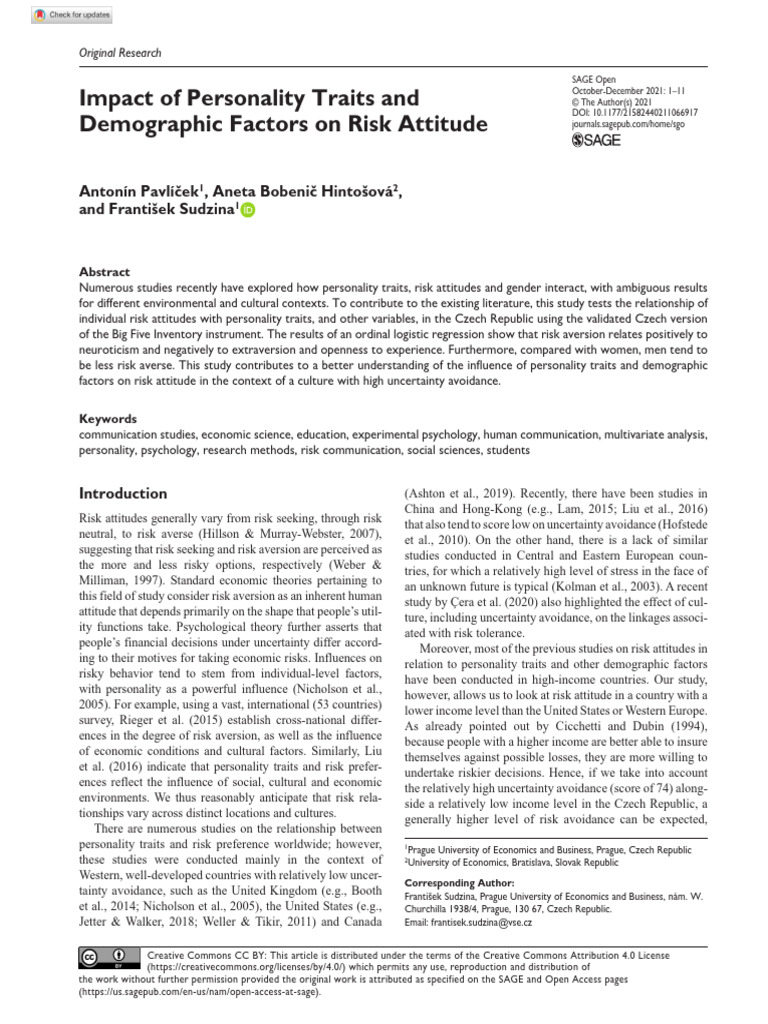Pavlicek Et Al 2021 Impact of Personality Traits and Demographic Factors On Risk Attitude | PDF ...