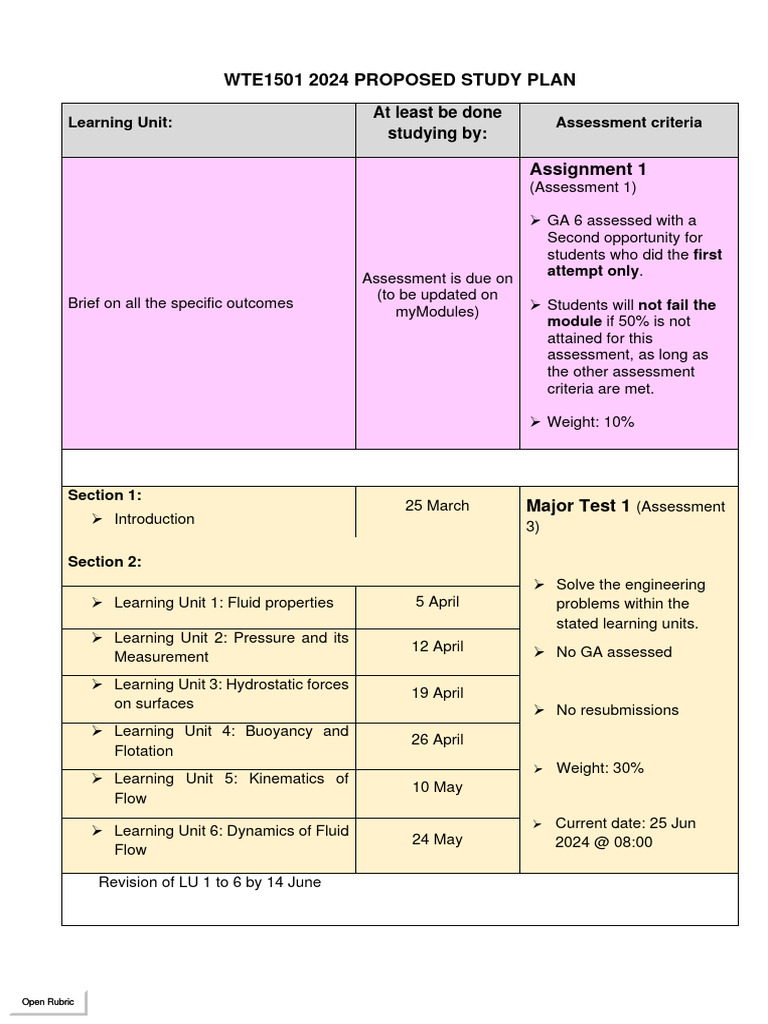 WTE1501 2024 Study Plan Overview | PDF