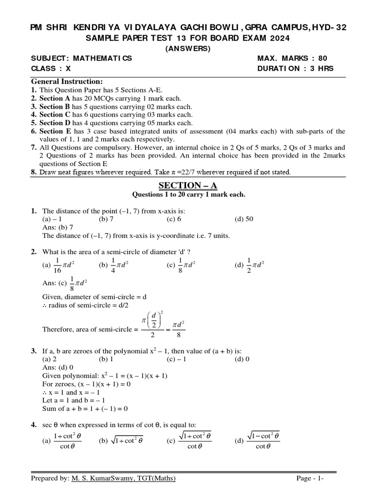 Maths Class X Sample Paper Test 13 For Board Exam 2024 Answers | PDF ...