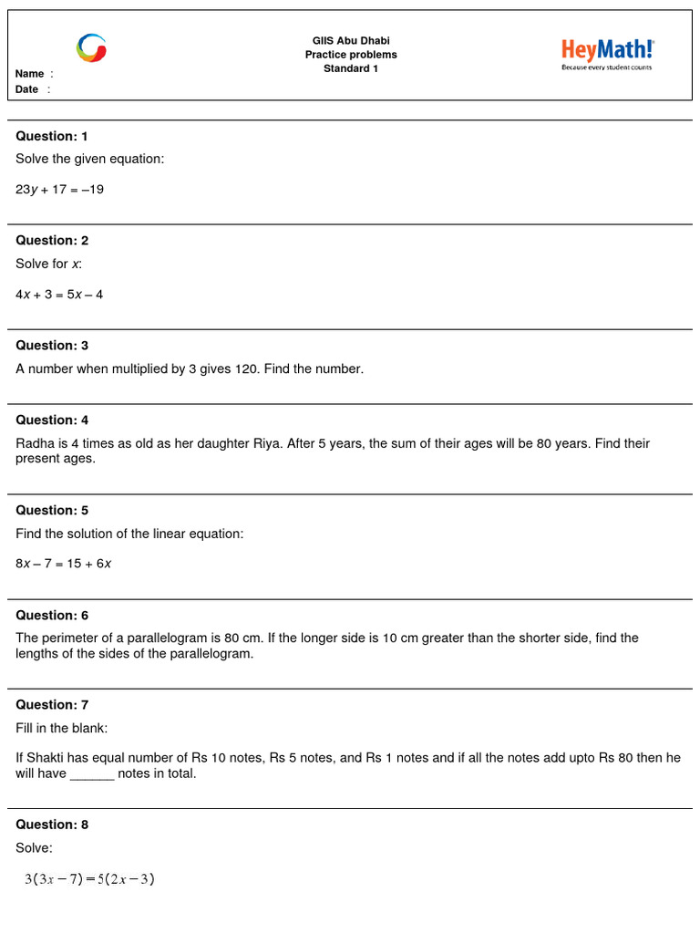 HeyMath! - WS - Linear Equations | PDF | Equations | Mathematics