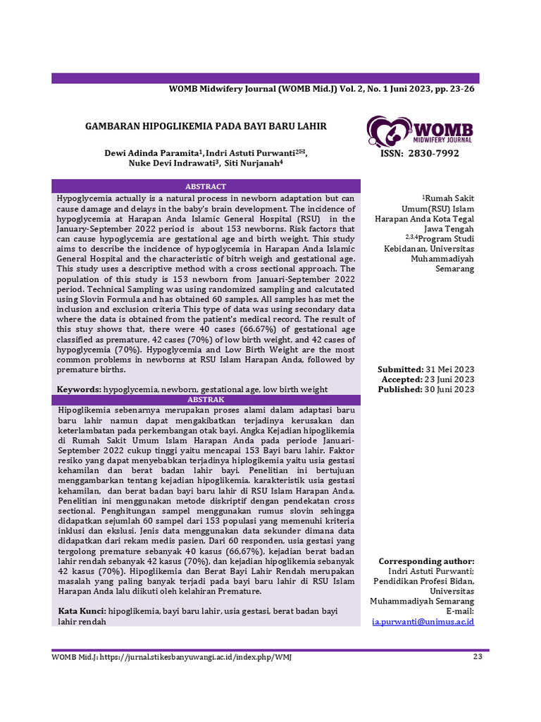Gambaran Hipoglikemia Pada Bayi Baru Lahir ISSN: 2830-7992 | PDF