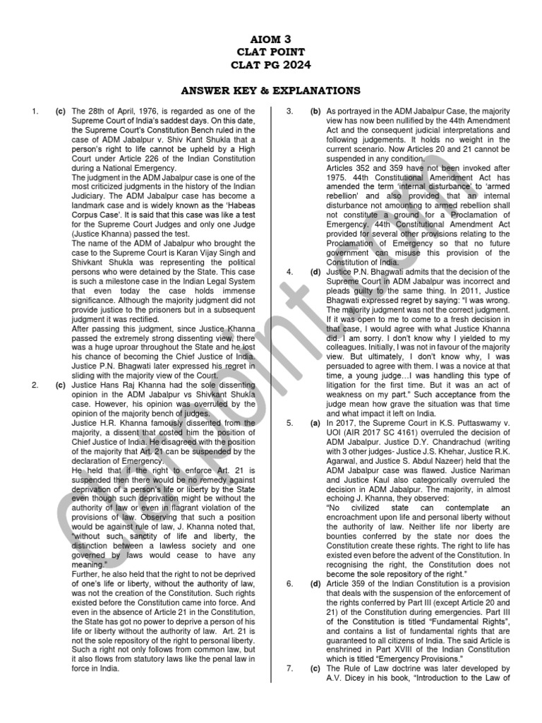 CLAT PG 2024 - AIOM 3 Solution | PDF | Habeas Corpus | International Law