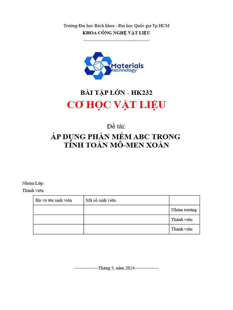 Mau Bai tap lon_Co hoc vat lieu | PDF