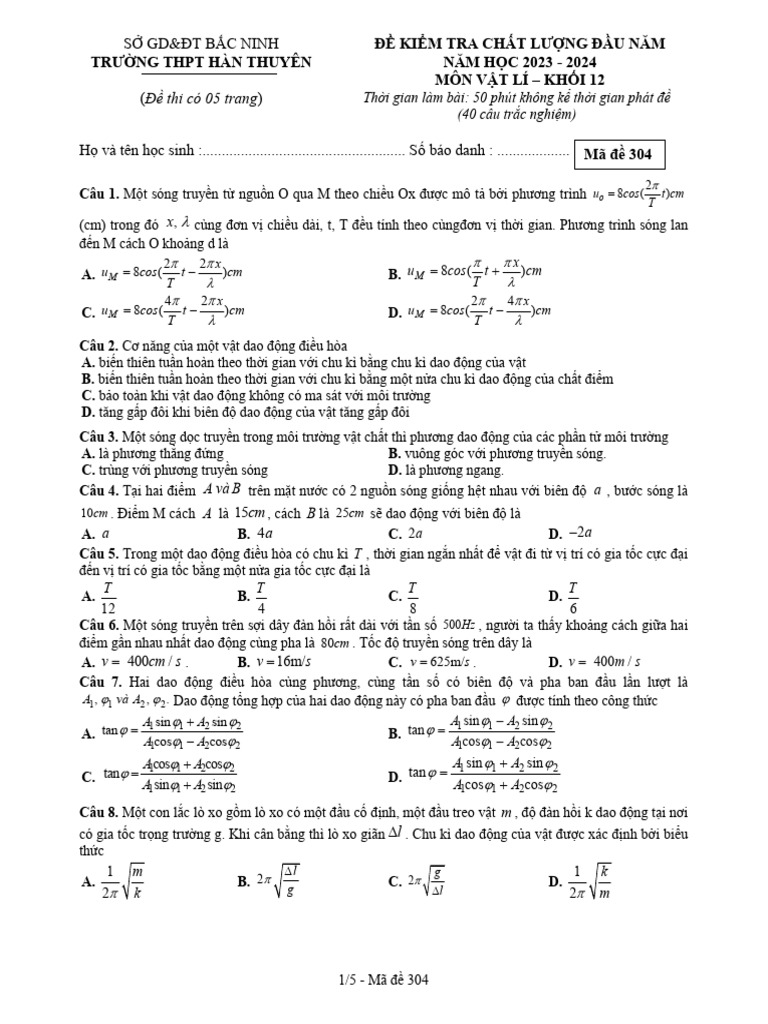 De Kiem Tra Vat Li 12 Dau Nam 2023 2024 Truong THPT Han Thuyen Bac Ninh | PDF