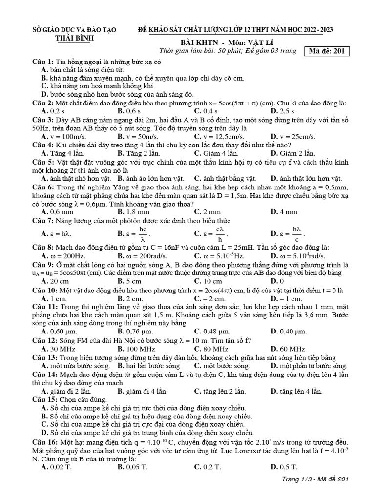 De Khao Sat Chat Luong Vat Li 12 Nam 2022 2023 So GDDT Thai Binh | PDF