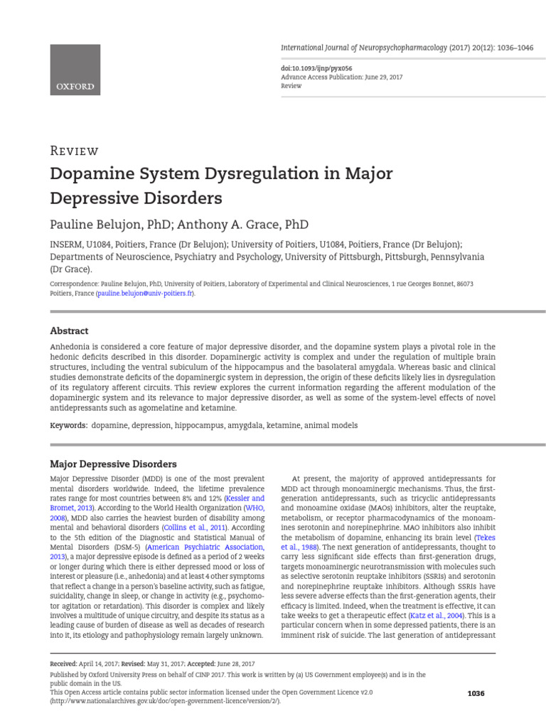 Dopamine system dysregulation in major depressive disorders | PDF ...