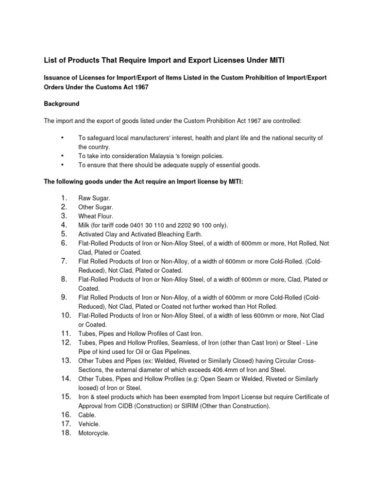 MITI Import/Export License Requirements | PDF | Scrap | Steel