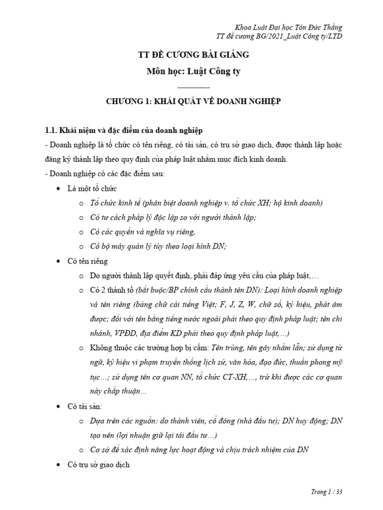 De Cuong BG Luat Cong Ty Updldn2021 | PDF