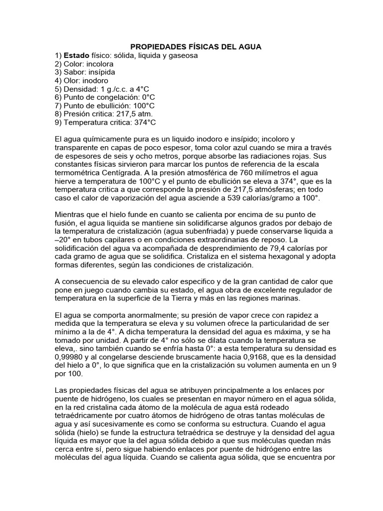 Propiedades Físicas Del Agua | PDF | Agua | Propiedades del agua