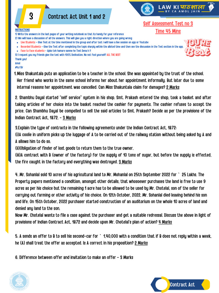 Class Test 3 - Contract Act Unit 1 and 2 | Download Free PDF | Private ...