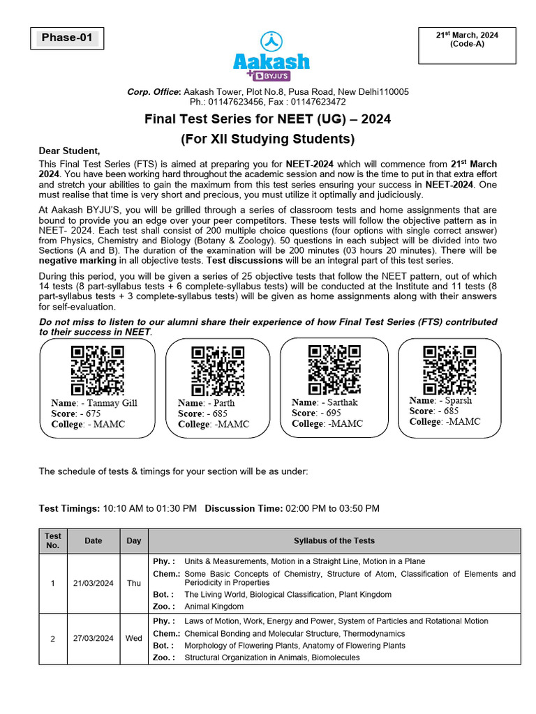 Final Test Series for NEET 2024 CF Code A Phase 01 Test Discussion CK ...