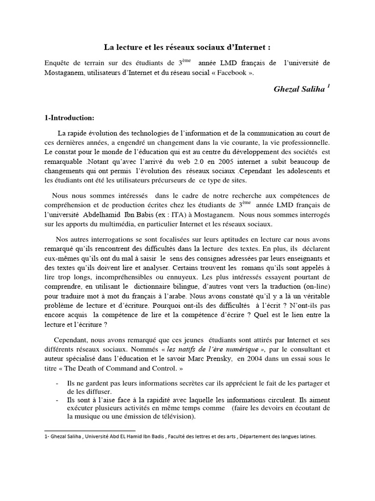 La Lecture Et Les Réseaux Sociaux D'internet:: 1-Introduction | PDF ...