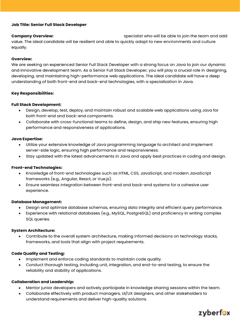 Senior Full Stack Developer - Java | PDF | Databases | Java (Programming Language)