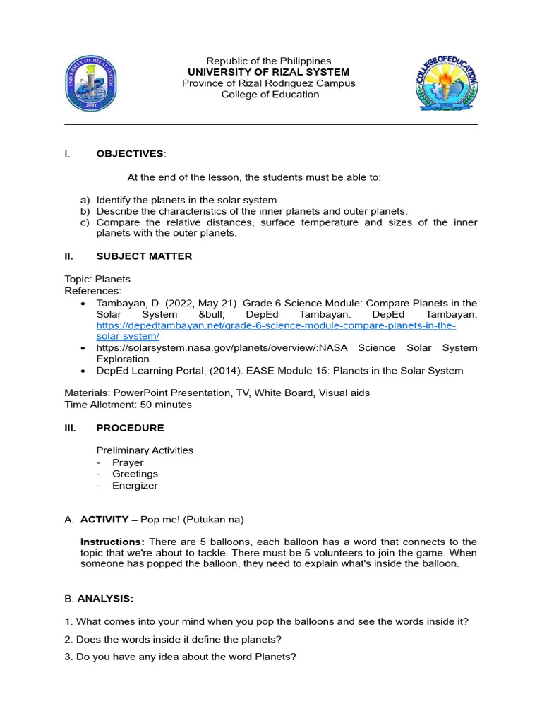 Math-3-Demo-Lesson-Plan-GEMDAS | PDF | Solar System | Planets