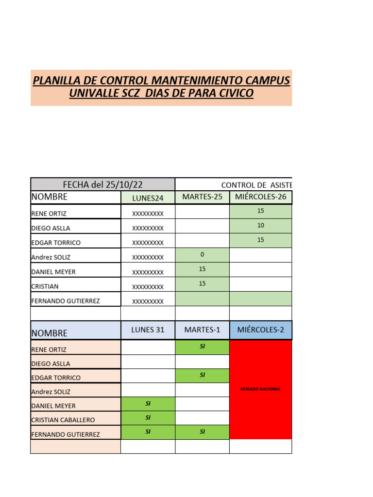 Planilla de Control de Abono Refrigerio Mtto | PDF