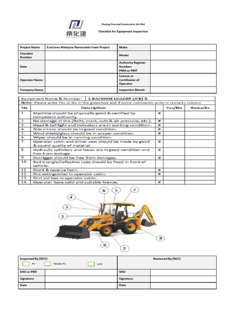 Checklist For Equipment Inspection-Backhoe Loader (JCB) | PDF