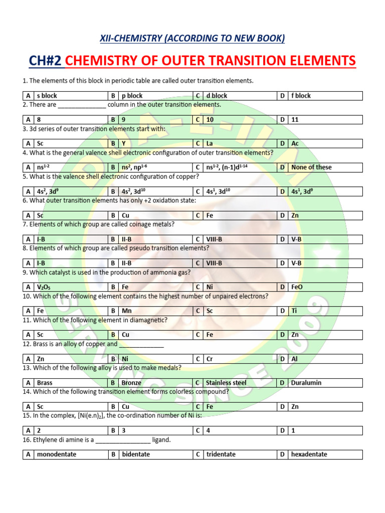 Chapter 2 MCQs | PDF | Ligand | Chemical Elements