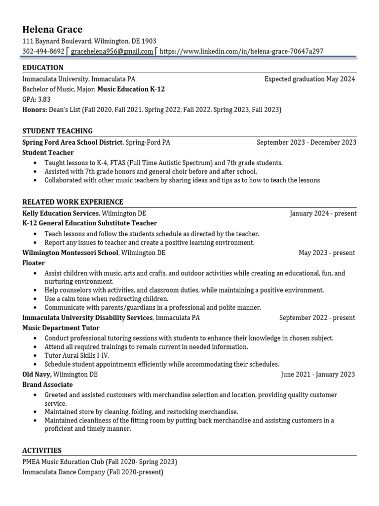 Helena Grace Resume 1 | PDF