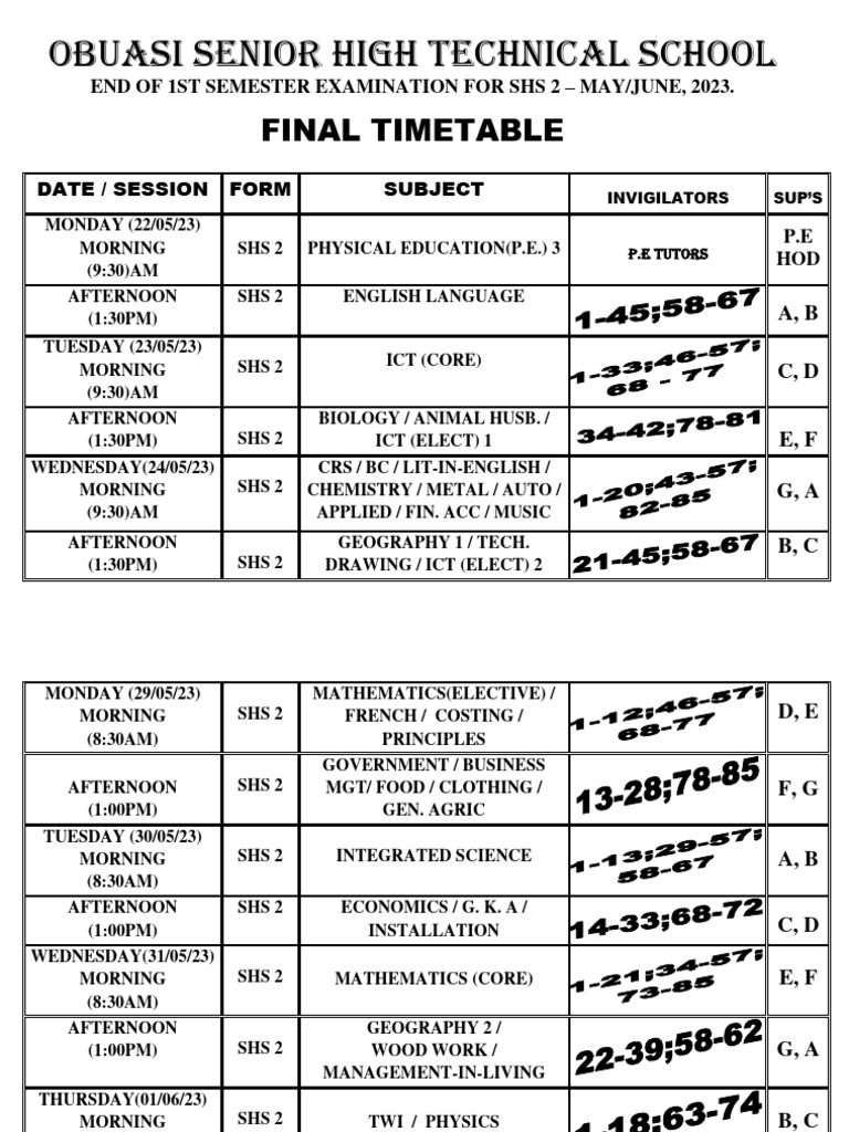 Obuasi Senior High Technical School: Final Timetable | PDF | Social Science