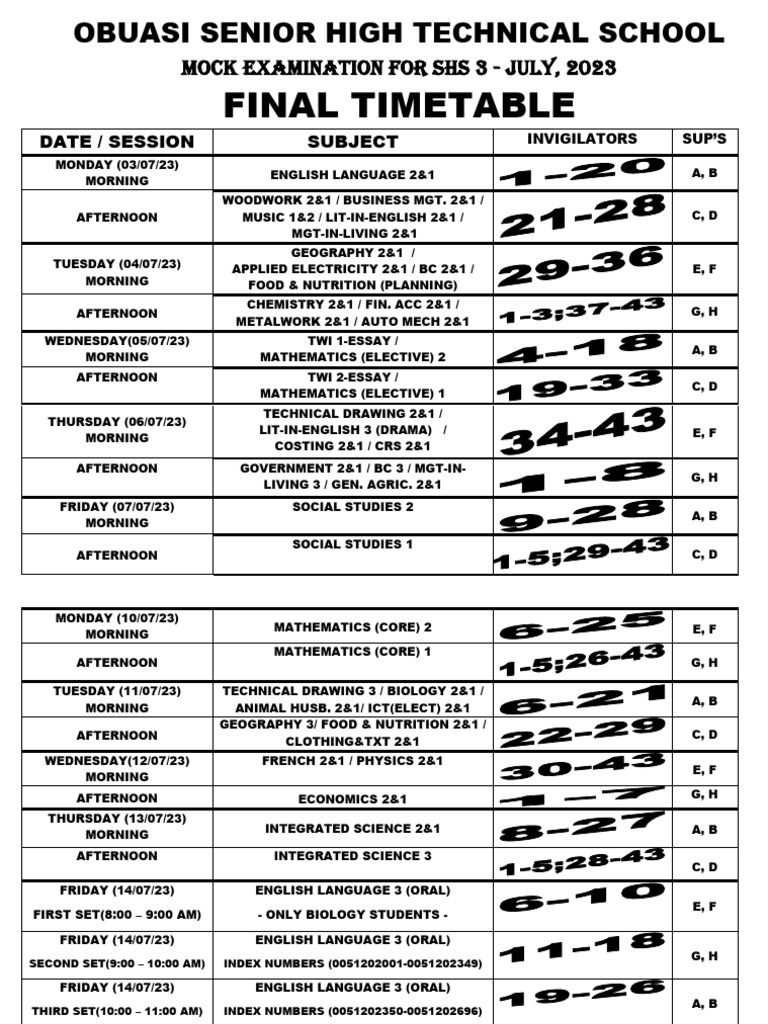 Final Timetable: Mock Examination For Shs 3 - July, 2023 | PDF ...