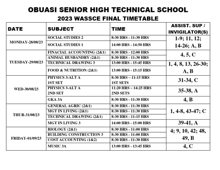 Obuasi Senior High Technical School: 2023 Wassce Final Timetable | PDF