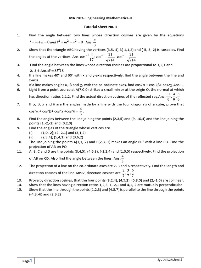 Tutorial Sheet No1 3d Geometry Pdf Triangle Classical Geometry