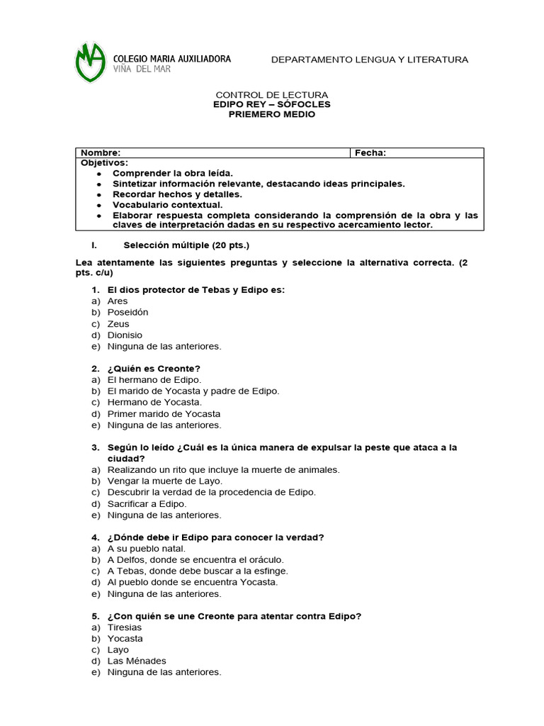 Control de Lectura - Edipo Rey | PDF