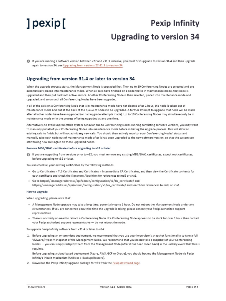 Pexip_Infinity_Upgrading_Quickguide_v34.a | PDF | Cloud Computing | Software Engineering