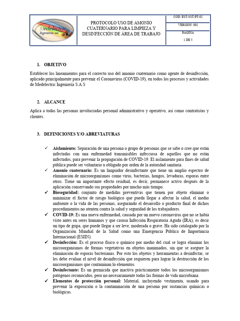 EST-SST-PT-02 PROTOCOLO USO AMONIO CUATERNARIO PARA LIMPIEZA Y DESINFECCION DE AREAS DE TRABAJO ...