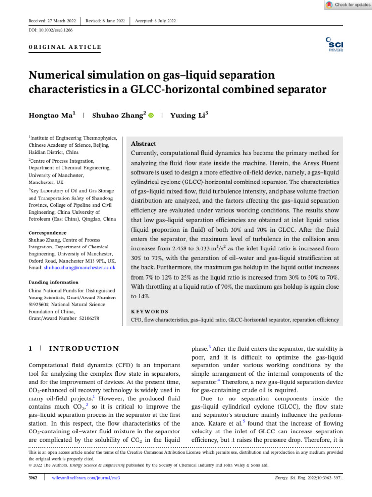 Energy Science Engineering - 2022 - Ma - Numerical Simulation On Gas Liquid Separation ...