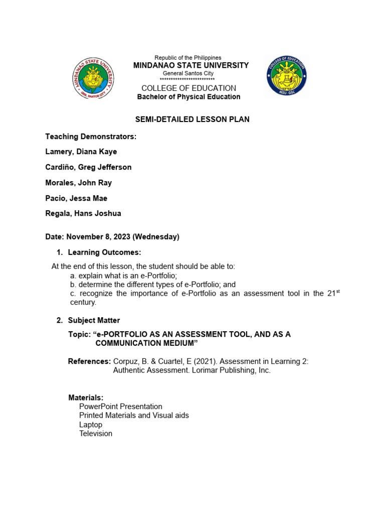 Draft Lesson Plan - e Portfolio | PDF | Educational Assessment | Learning