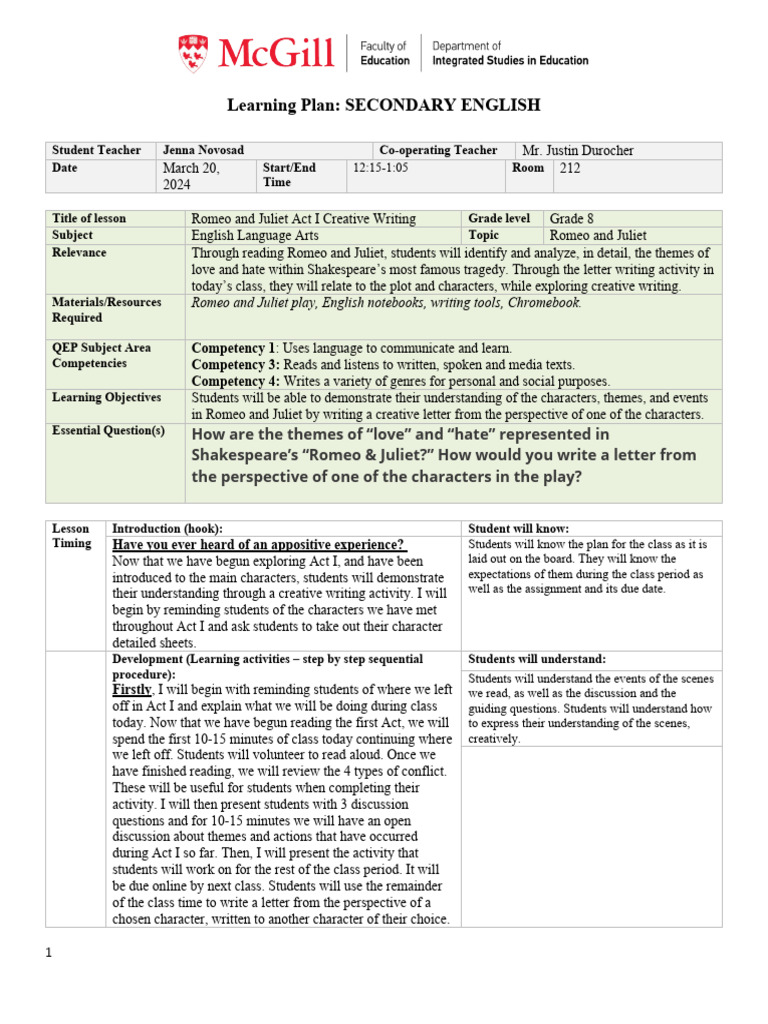 eval 2 fe 4- lesson plan | PDF | Romeo And Juliet | Communication