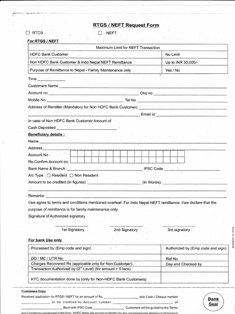 Neft Form HDFC | PDF | Banks | Financial Technology