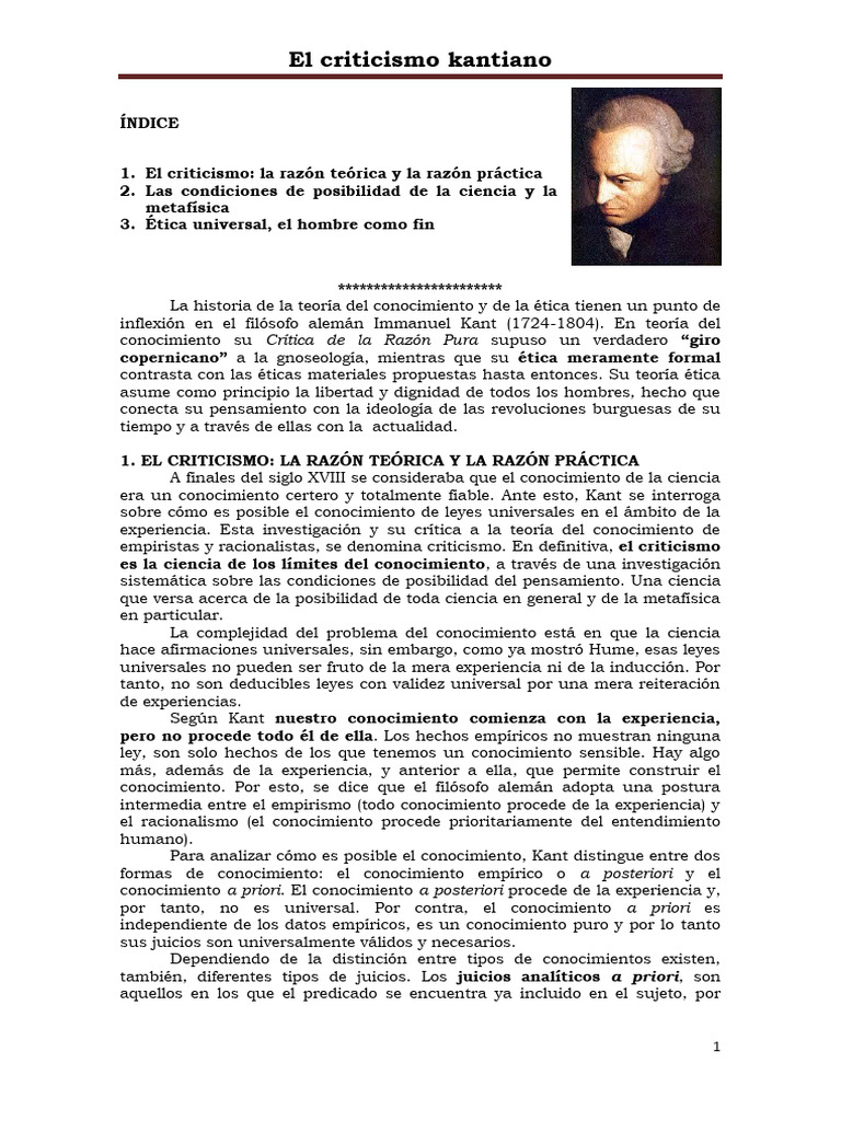 El Criticismo de Kant: Conocimiento y Ética | PDF | Immanuel Kant | A ...