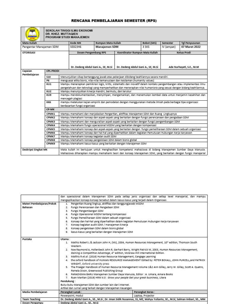 RPS SE82346 Pengantar Manajemen SDM 2022 | PDF | Karier & Perkembangan